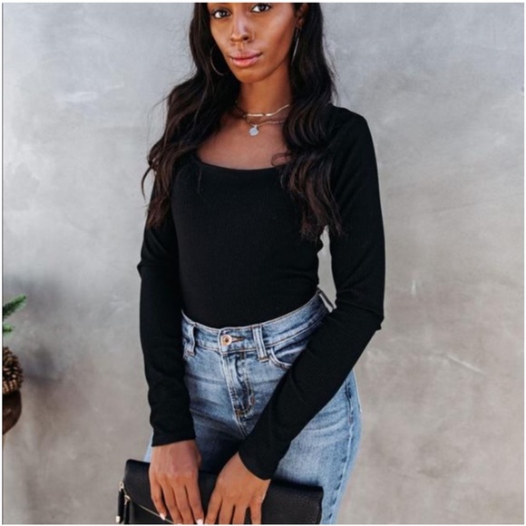 Vici | Tops | Trina Ribbed Square Neck Ribbed Bodysuit Black | Poshmark